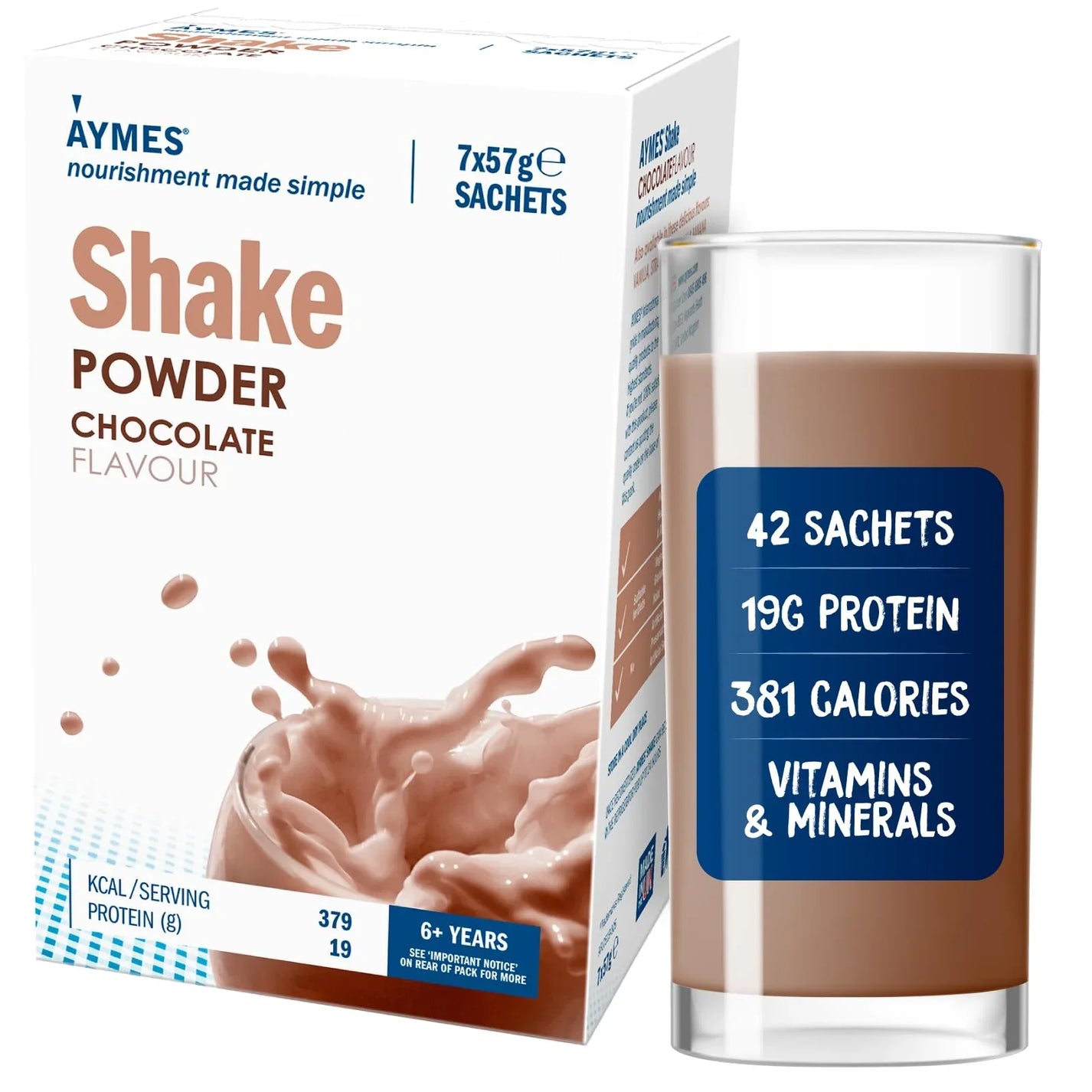 AYMES Shake | Chocolate | 6 x 7 x 57g Sachets | A High-protein Oral Nu ...