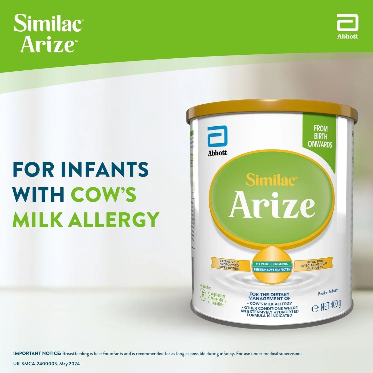 Similac Arize Cows Milk Protein-free Infant Formula 400g – EasyMeds ...